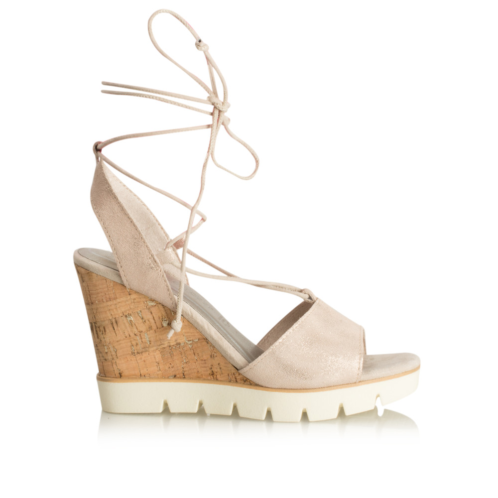Marco Tozzi Leather Metallic High Wedge Sandal in Dune