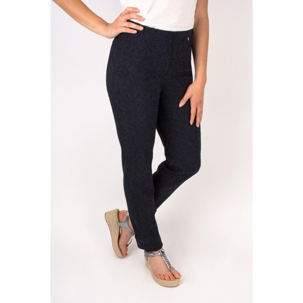 Robell Marie Jacquard Navy Stretch Trouser in Navy