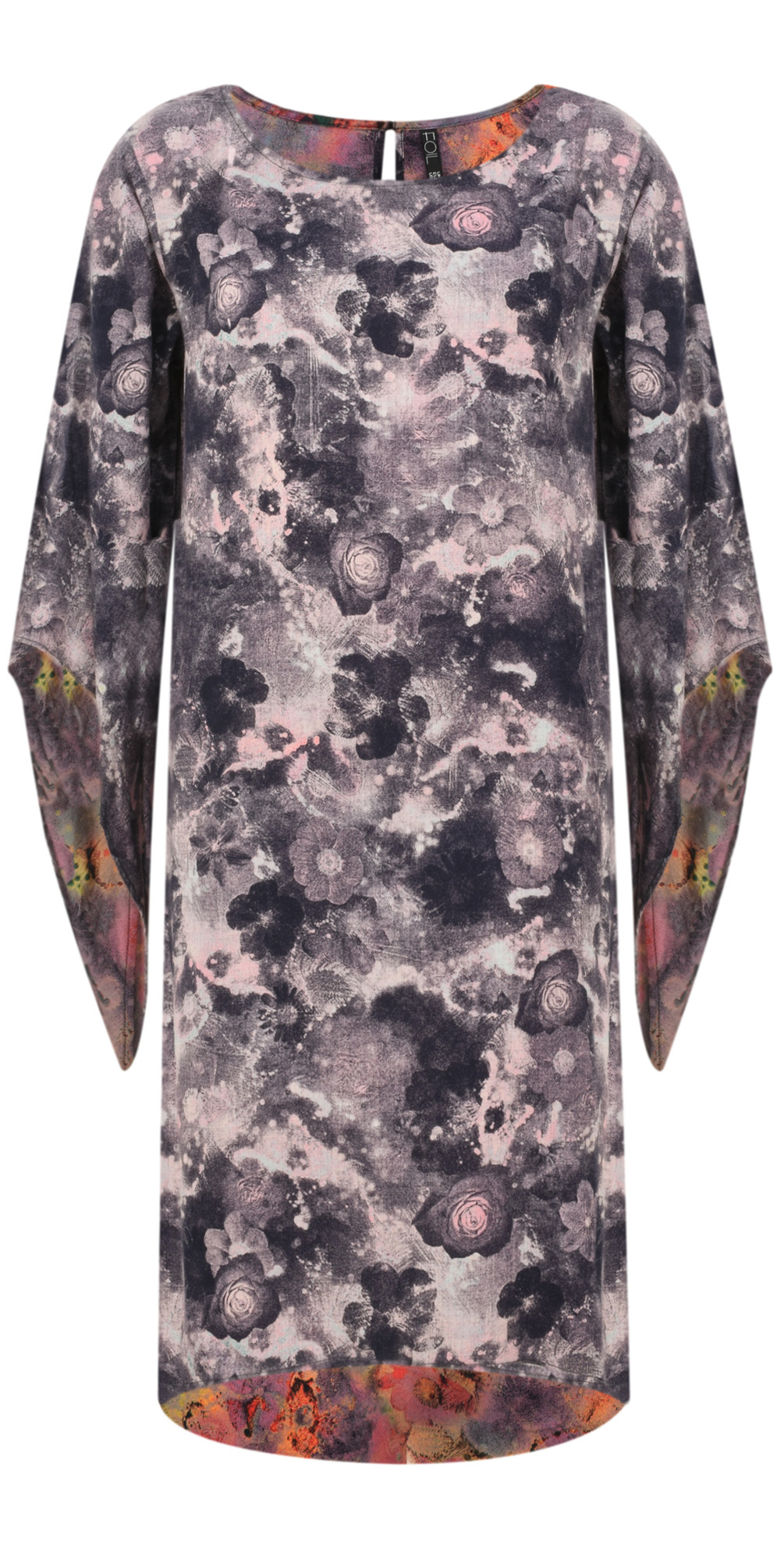 Foil Floral Printed Funnel sleeve Dress in Dark Marble