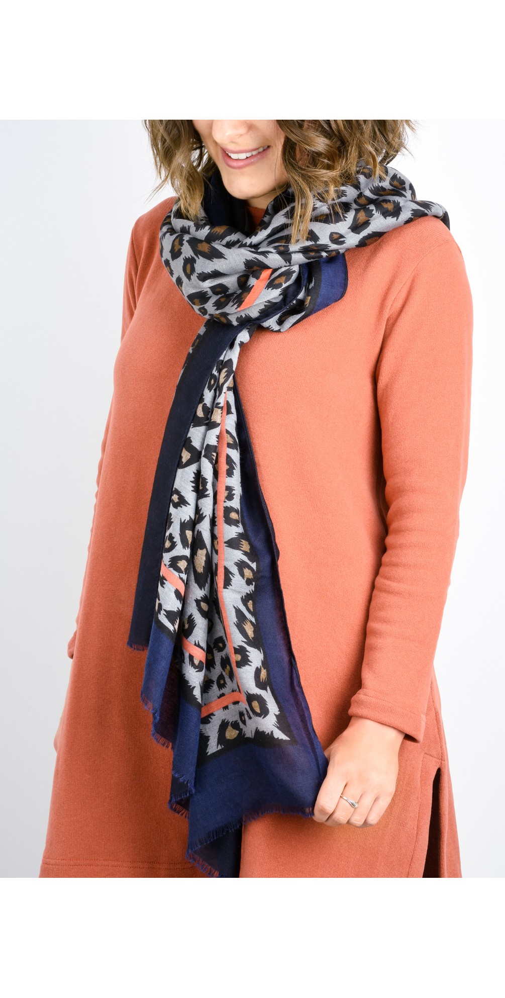 Eliza Gracious Saber Leopard Print Scarf in Navy/Orange/Leopard