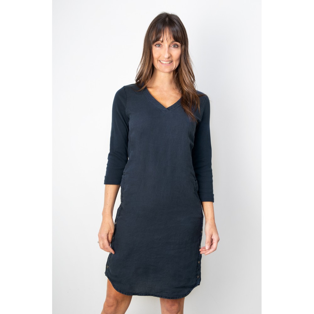 Sandwich Clothing Three Quarter Sleeve Linen Blend Dress in Navy