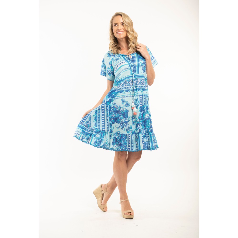 Orientique Navajo Short Sleeve Dress in Blue Multi Print