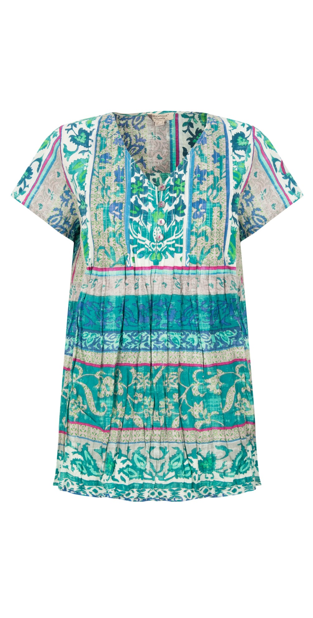 Orientique Ibiza Pleated Top in Green Pink White Multi