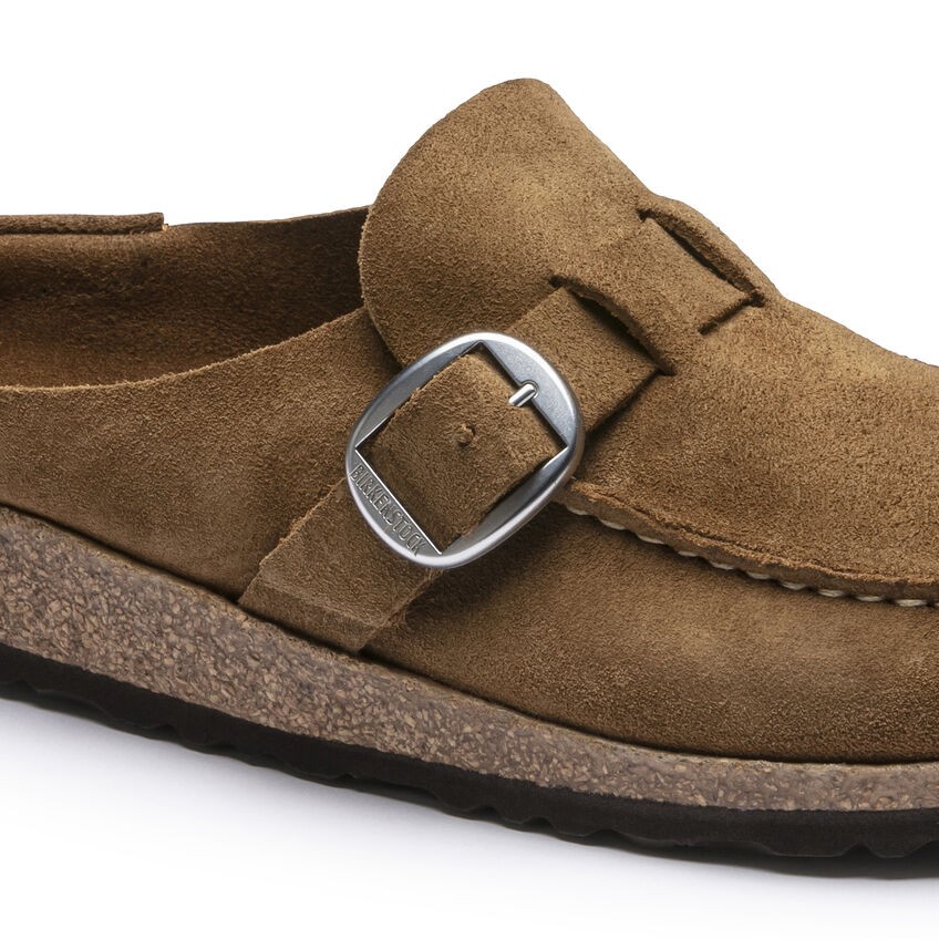 Birkenstock Buckley Suede Moccasin Clog in Tea