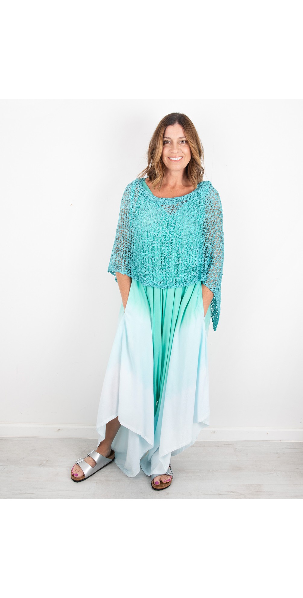 Suzie Blue Knitted Popcorn Poncho in Turquoise