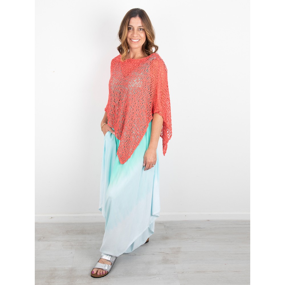 Suzie Blue Knitted Popcorn Poncho in Coral