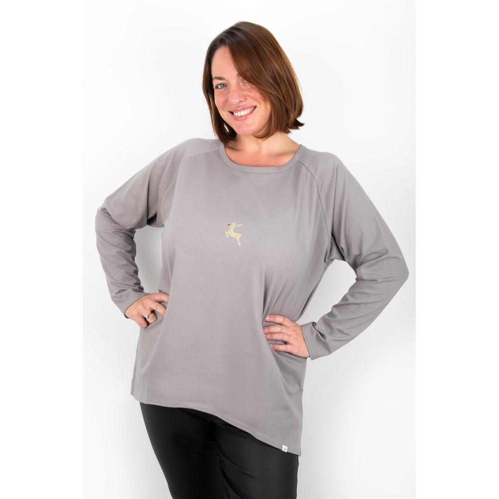 Chalk Robyn Prancing Reindeer Top in Mouse / champagne Gltr / Red Gltr