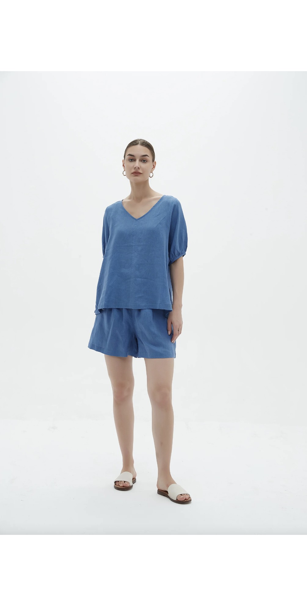 Tirelli V Neck Coastal Blue Bishop Sleeve Linen Top in Coastal Blue
