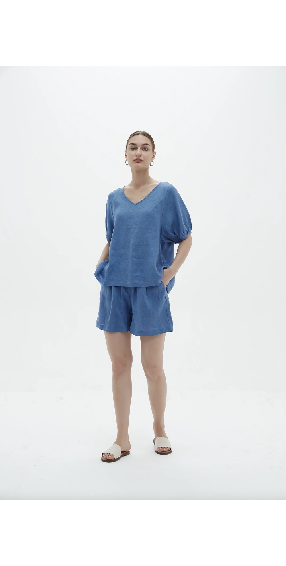 Tirelli V Neck Coastal Blue Bishop Sleeve Linen Top in Coastal Blue