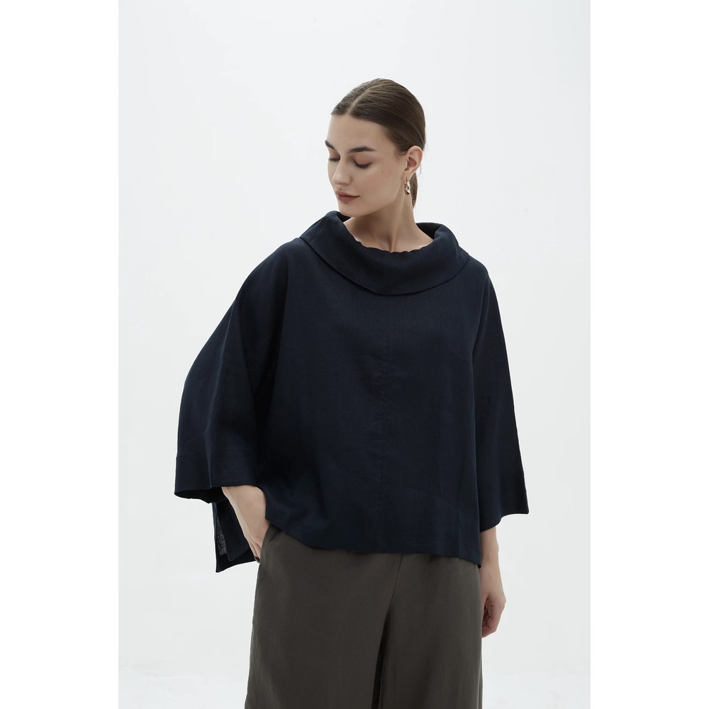 Tirelli Funnel Neck Navy Linen Top in Navy
