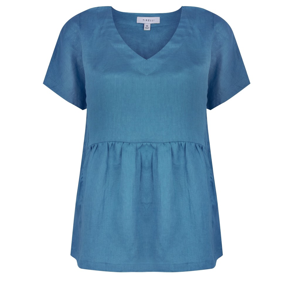Tirelli V Neck Coastal Blue Short Sleeve Linen Top in Coastal Blue