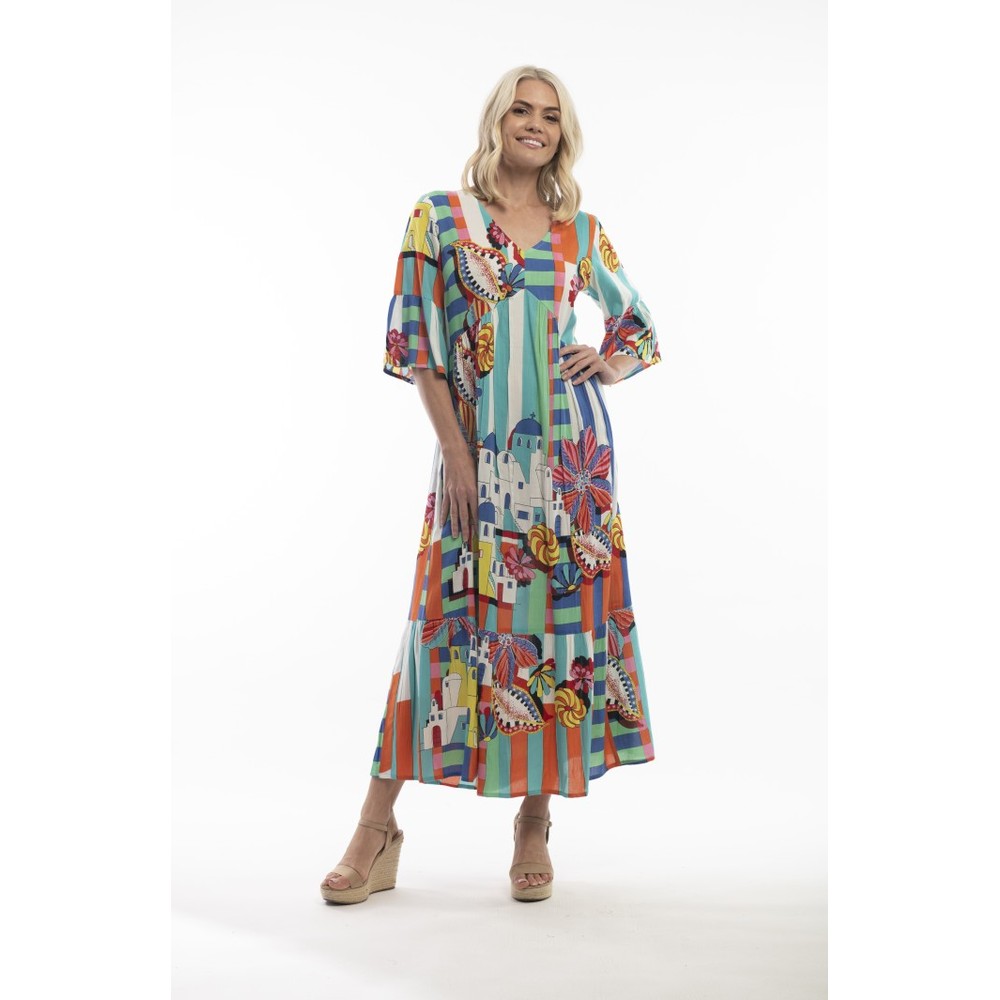 Orientique Oia Stripe Peak Maxi Dress in Multi Bright