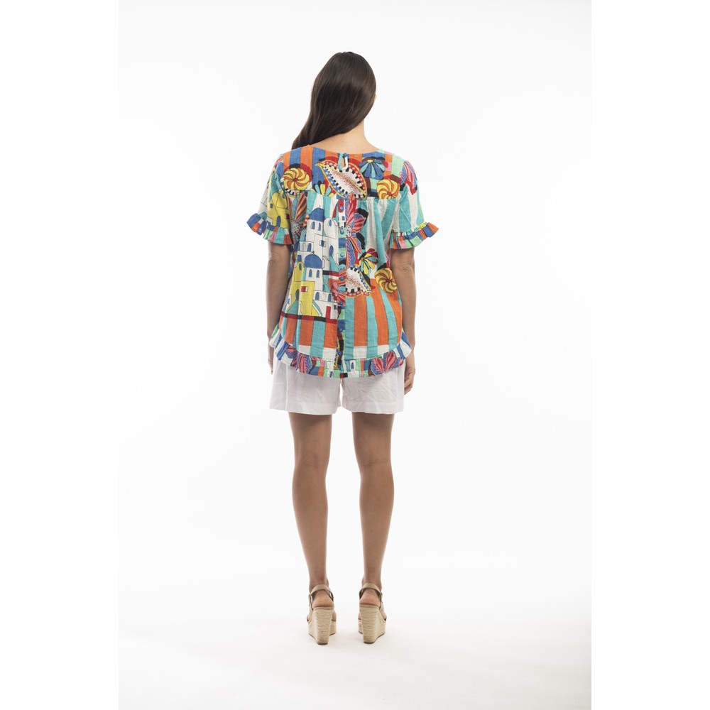 Orientique Oia Stripe Frill Top in Multi Bright