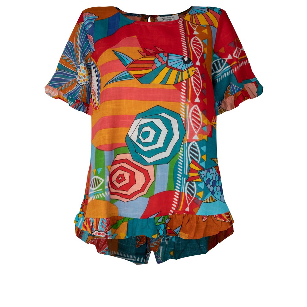 Orientique Oia Red Frill Top in Multi Bright