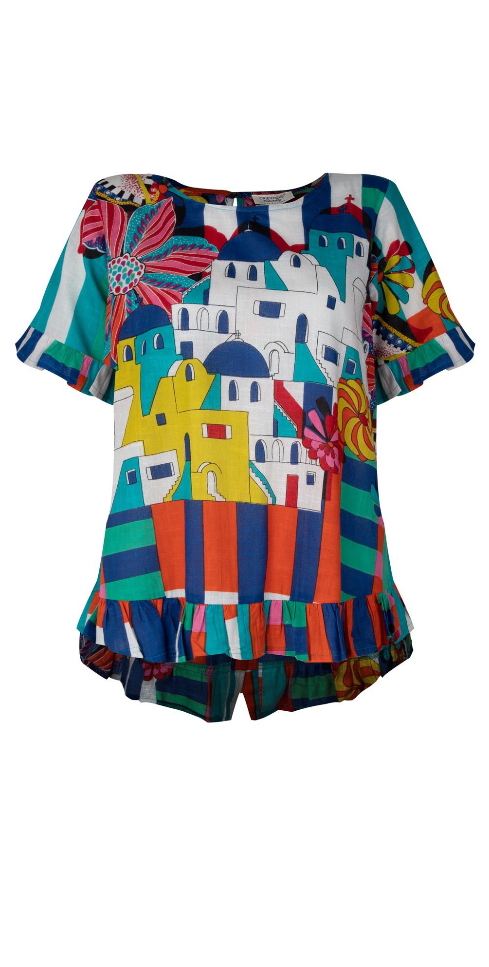 Orientique Oia Stripe Frill Top in Multi Bright