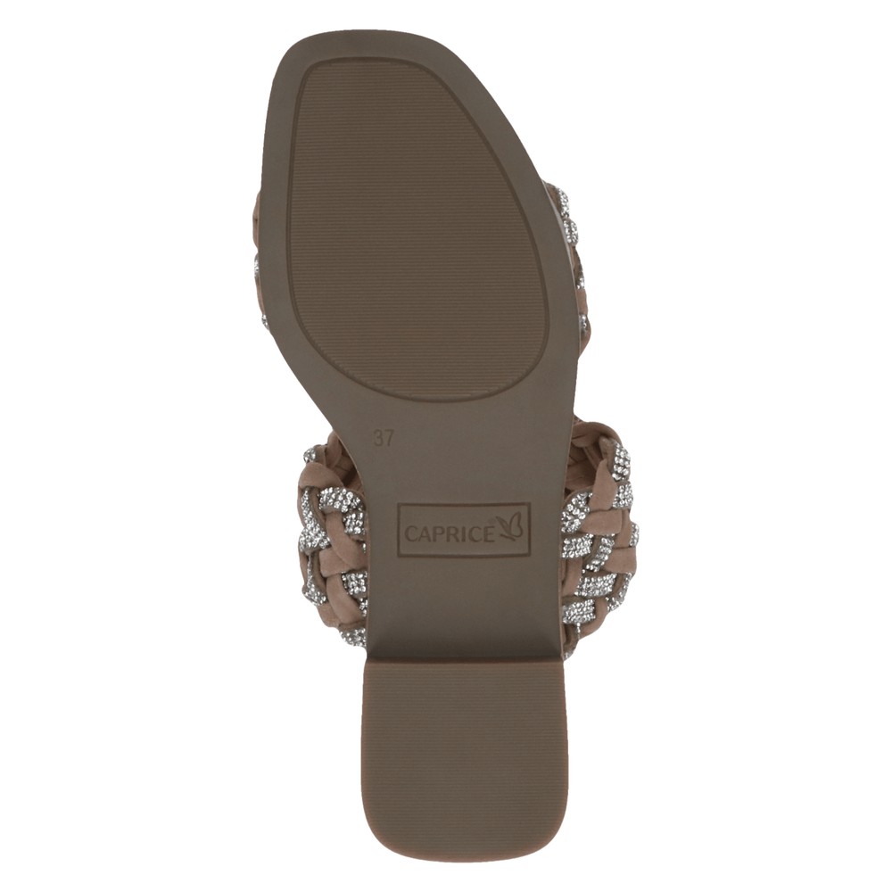 Caprice Footwear Shakira Bark Leather Crystal Slider Sandal in Bark
