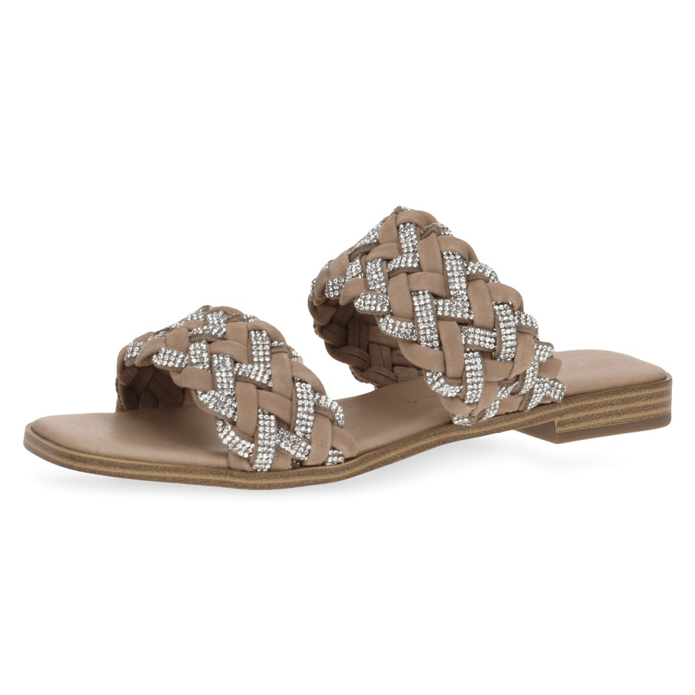 Caprice Footwear Shakira Bark Leather Crystal Slider Sandal in Bark