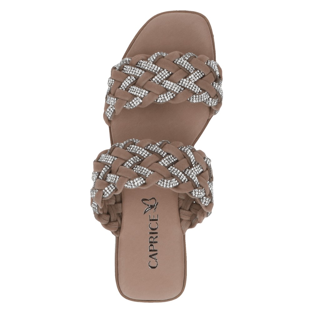 Caprice Footwear Shakira Bark Leather Crystal Slider Sandal in Bark