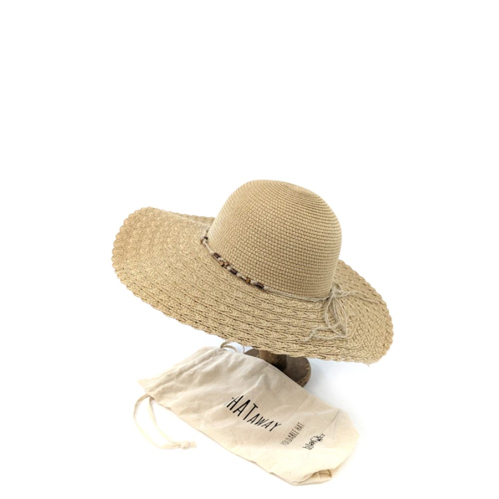 Black Ginger Dark Natural Beaded Wide Brim Foldable Hat in Dark Natural