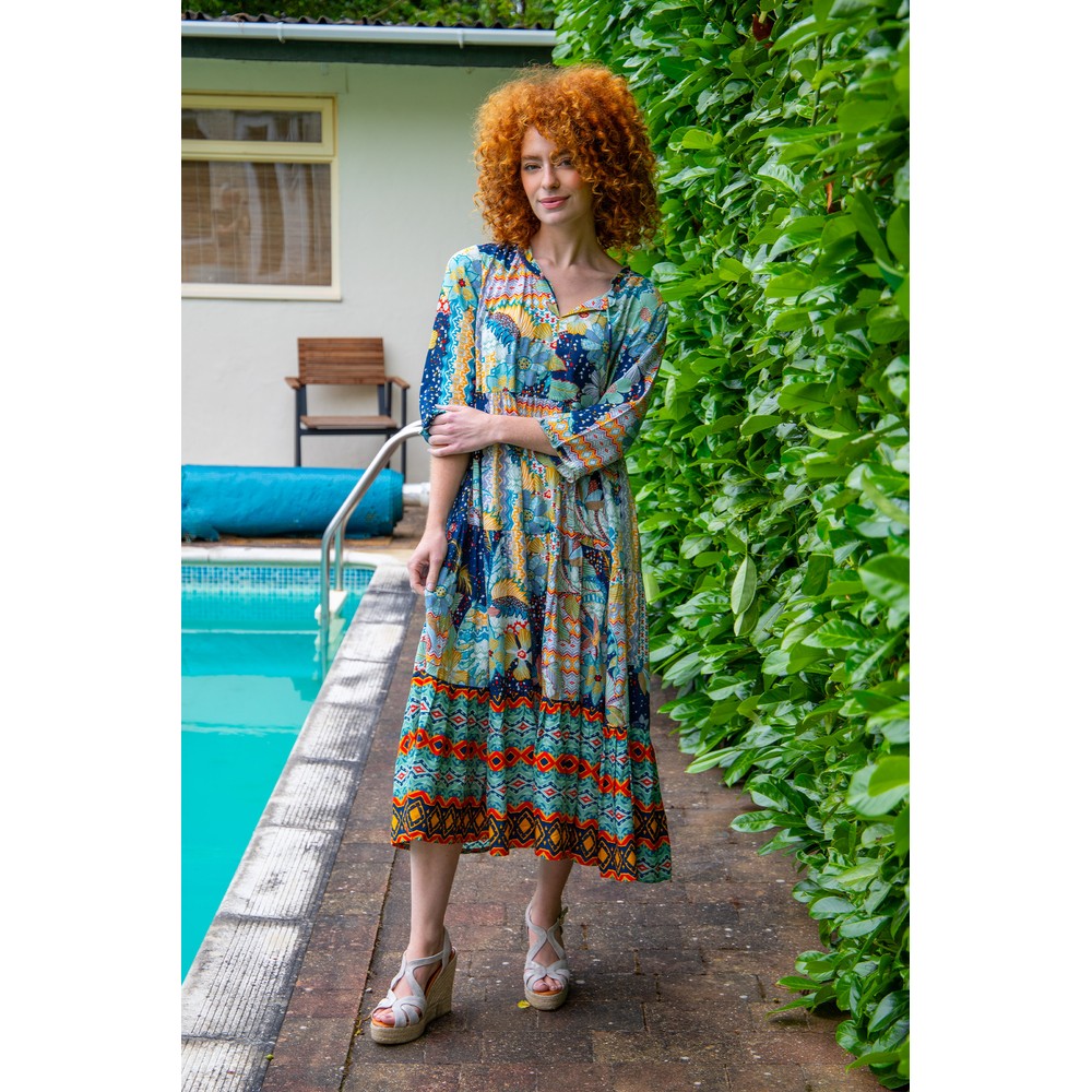 Orientique Lisbon Boho Midi Dress in Navy Mix