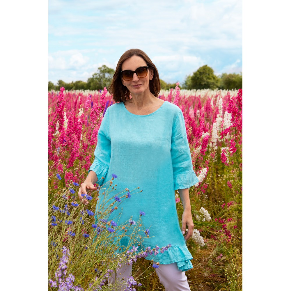 Amazing Woman Julia Turquoise Linen Frill Tunic Dress in Turquoise