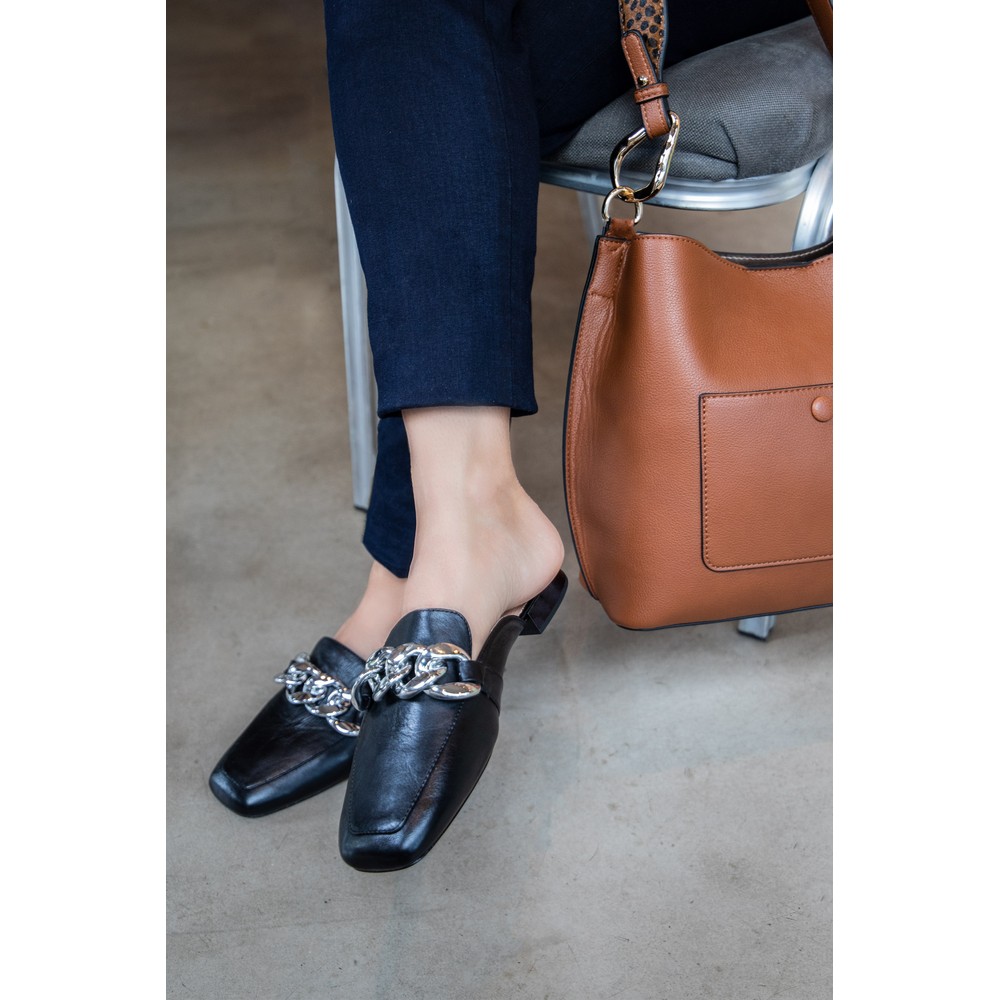 Caprice Footwear Vanny Black Chain Detail Leather Backless Loafer in Black
