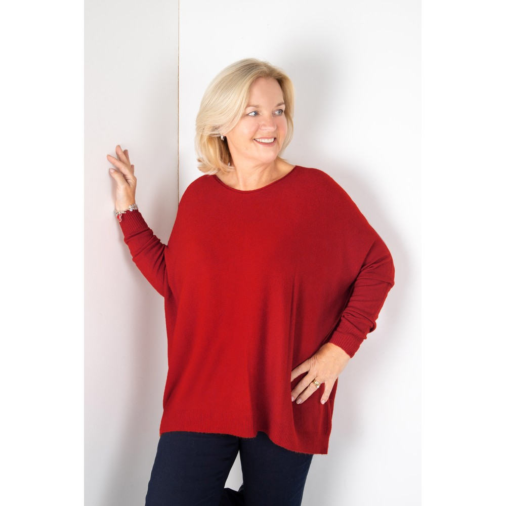 Amazing Woman Macy Berry Red Round Neck Oversized Knit Jumper in Berry Red