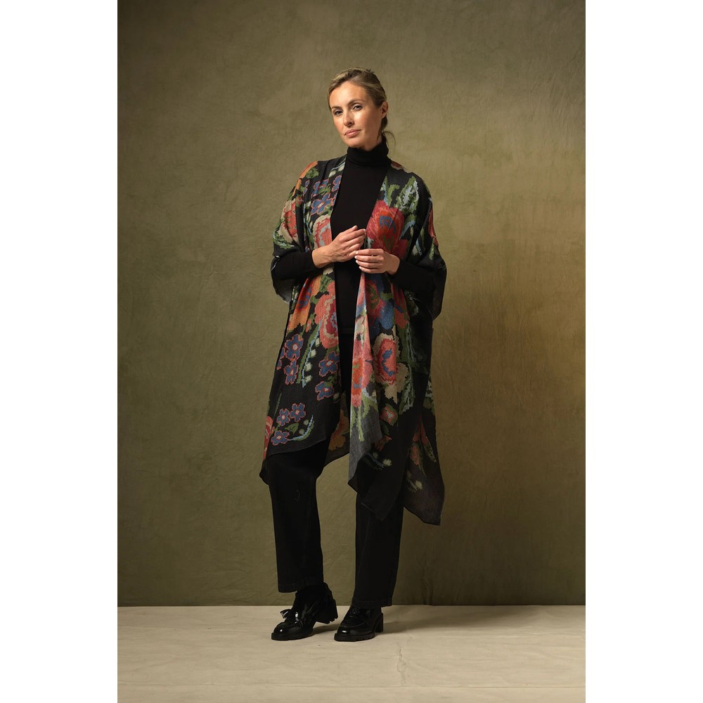 One Hundred Stars Woven Flower Black Wool Throwover in Woven Flower Black