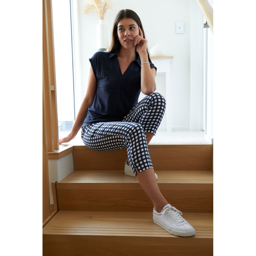 Foil Fuss Free 7/8 Trapeze Chubby Check Print Trouser in Chubby Check Navy