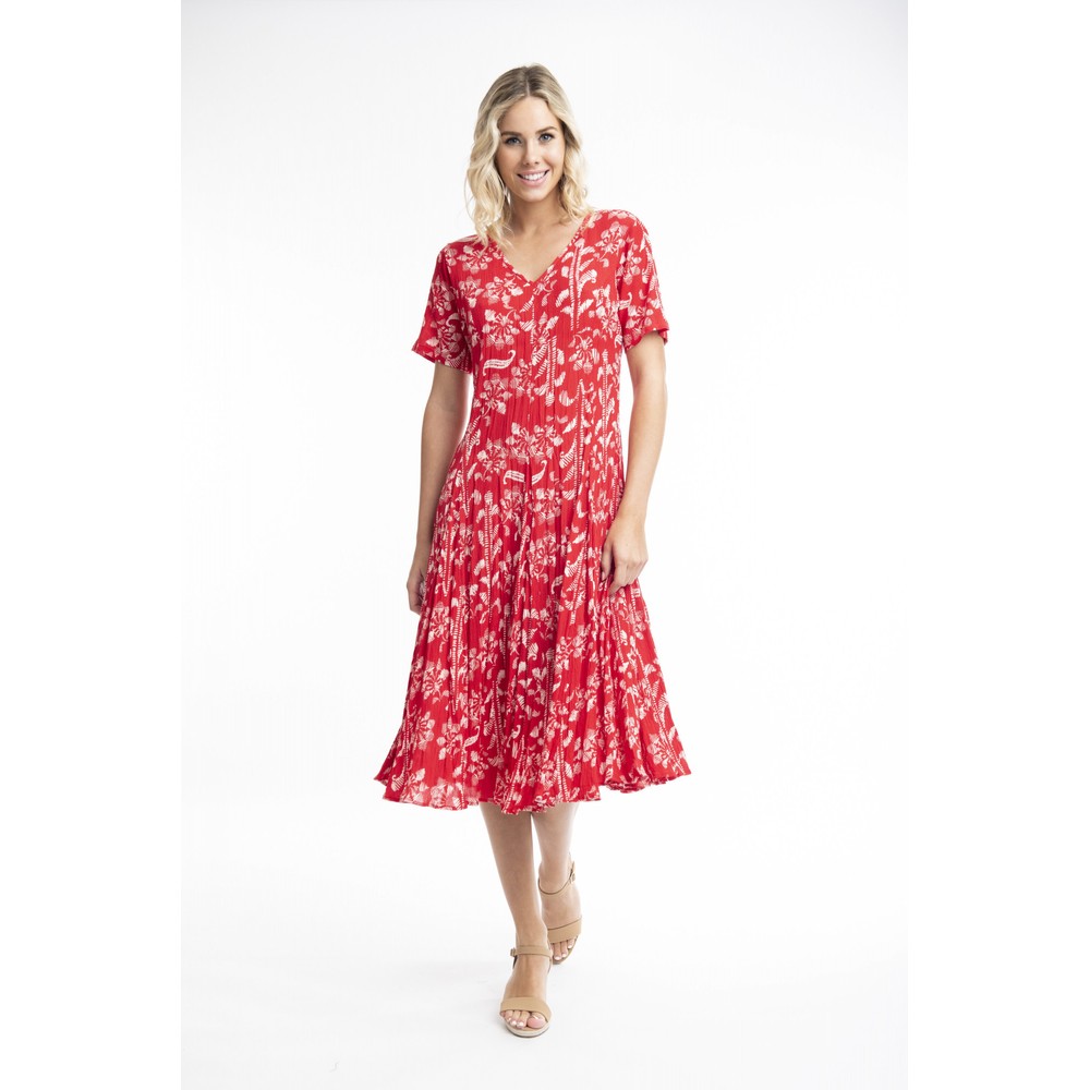 Orientique Giza Red Crinkle Godet Dress in Red