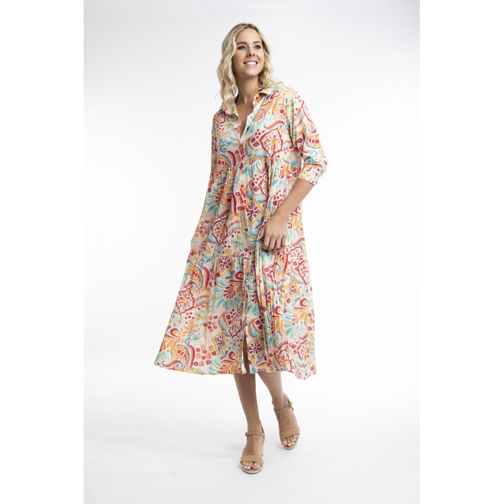 Orientique Giza Certified Organic Crinkle Cotton Shirt Dress in Multi