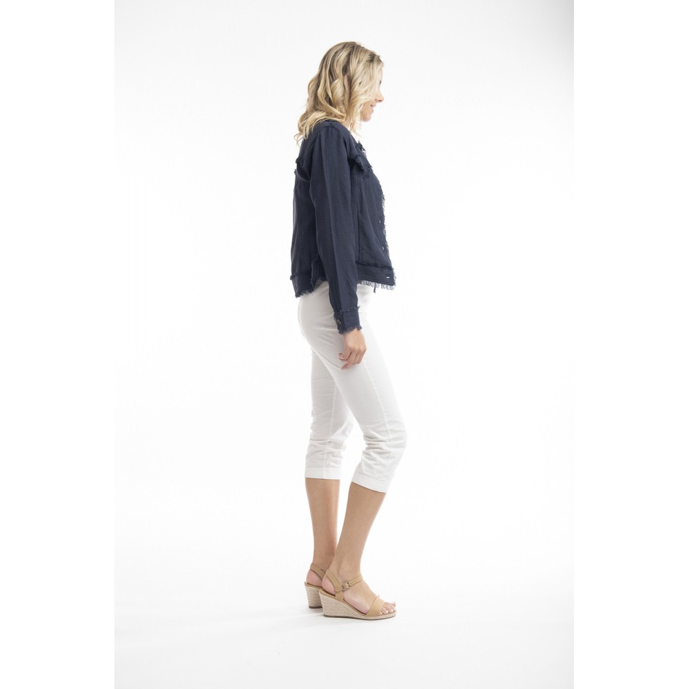Orientique Essentials Navy Linen Blend Frayed Jacket in Navy