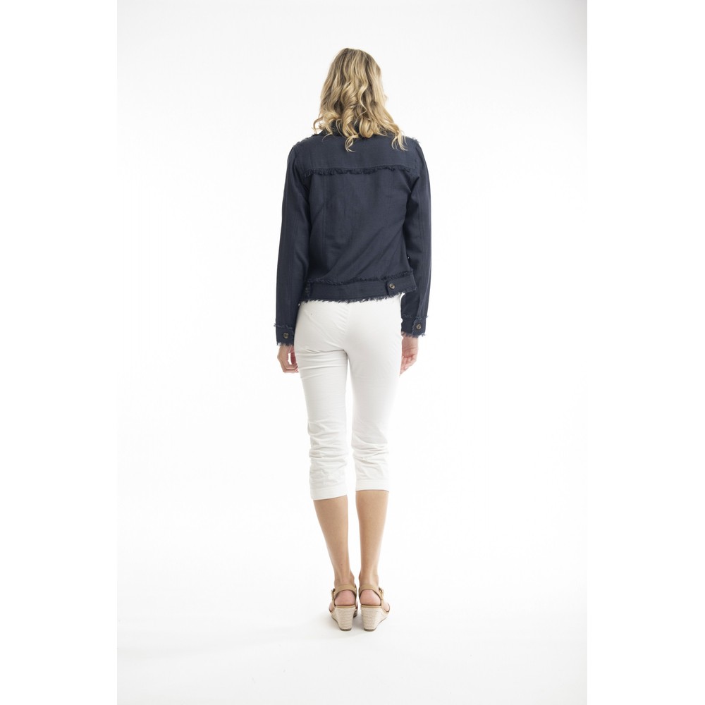Orientique Essentials Navy Linen Blend Frayed Jacket in Navy