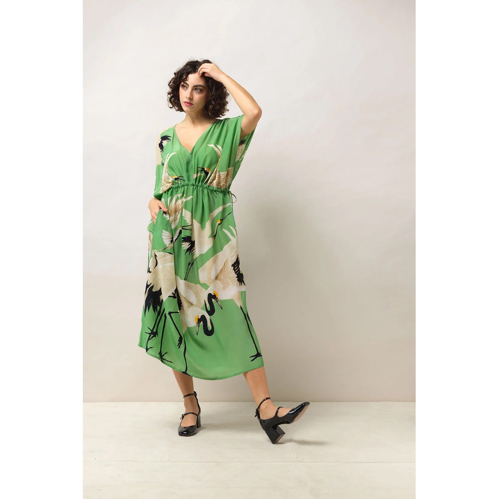 One Hundred Stars Stork Pea Green Cupro Viscose Blend String Dress in ...