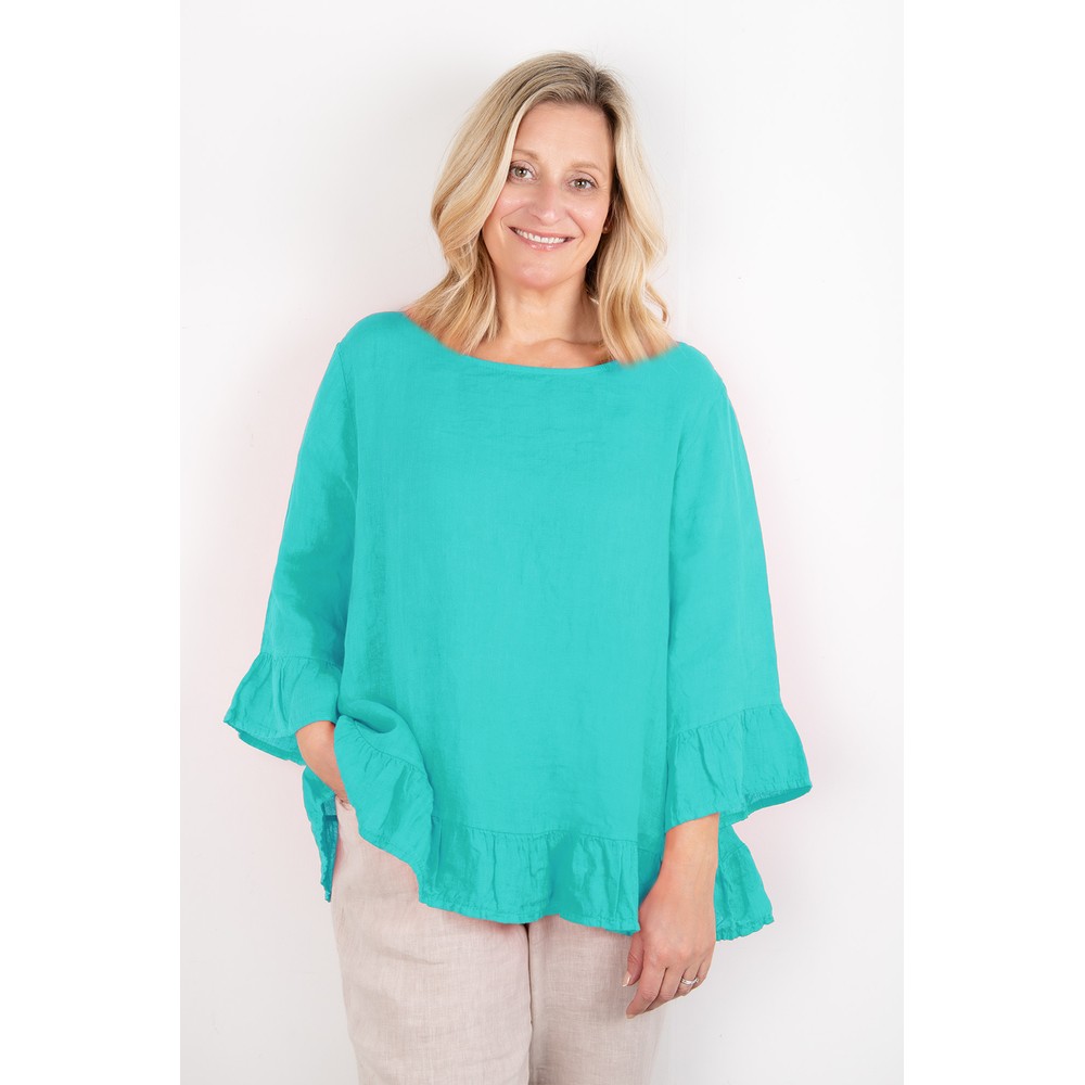 Amazing Woman Julia Turquoise Linen Frill Top in Turquoise