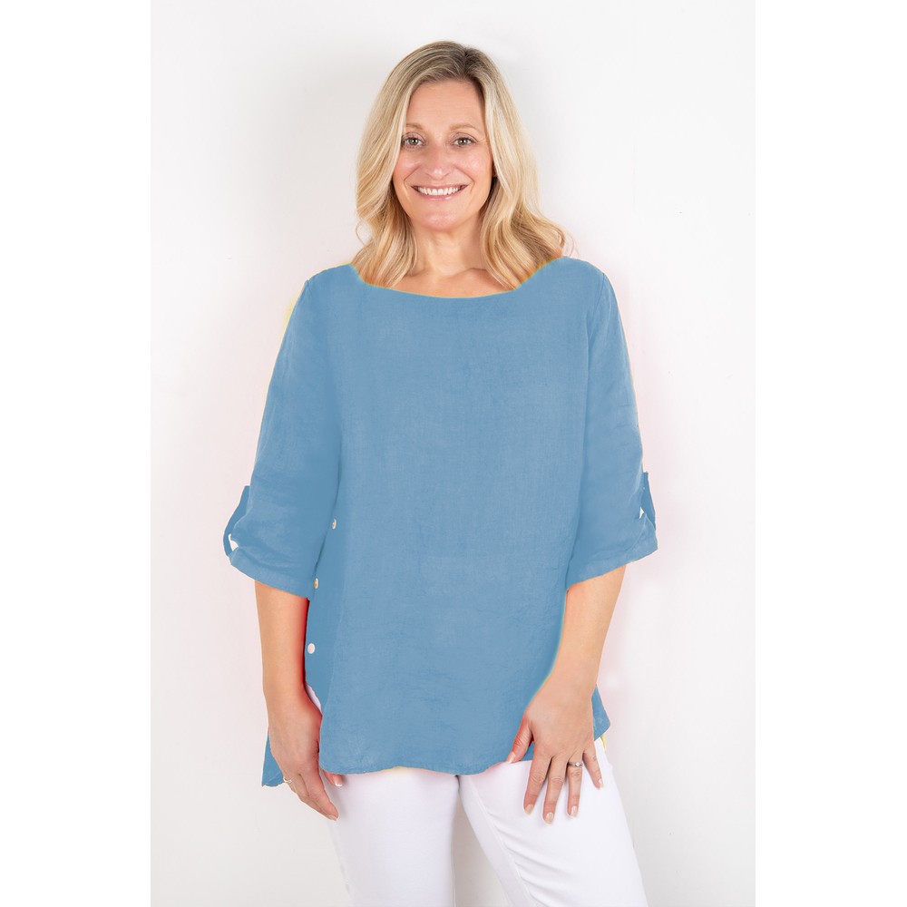 Amazing Woman Elena Linen Button Side Top in Blue