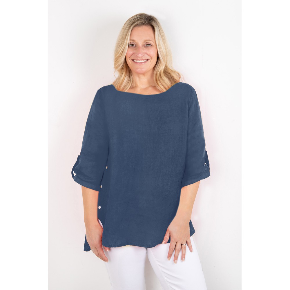 Amazing Woman Elena Linen Button Side Top in Navy
