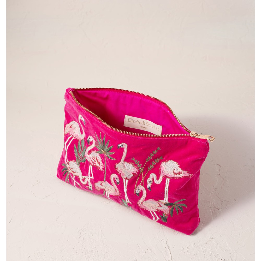 Elizabeth Scarlett Flamingos Pink Embroidered Velvet Pouch in Pink